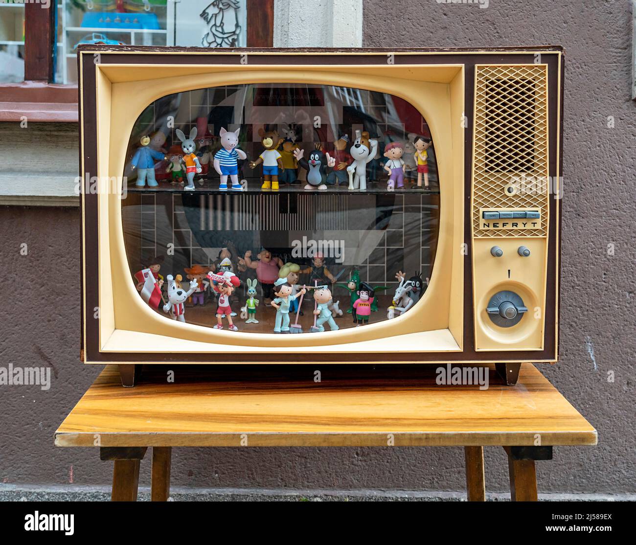 Decoration of play figures in an old tube television set, Gdansk ...