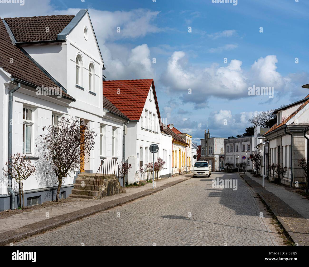 Classicist white houses at the Circus in Putbus on the island of Ruegen ...