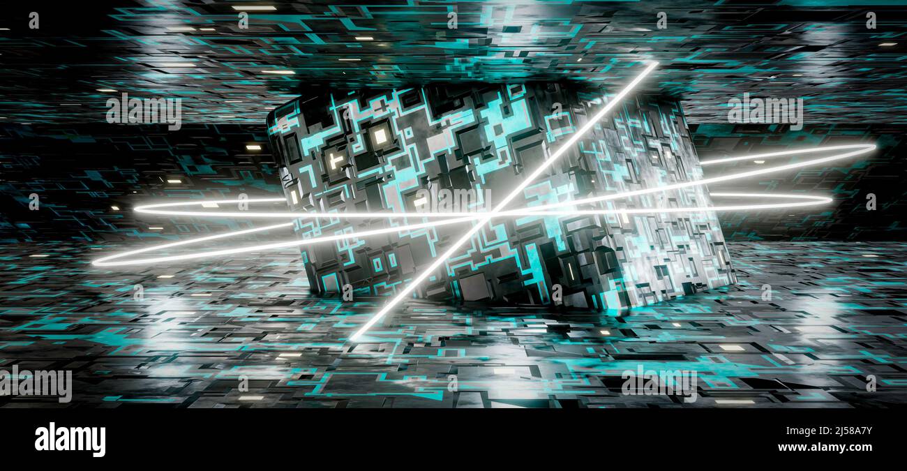 Glowing rings and detailed sfi fi structure. Fantasy world. 3d ...