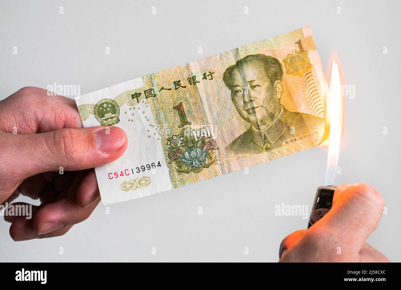 Renminbi, burn, fire, Chinese banknote, banknote, studio shot Stock ...