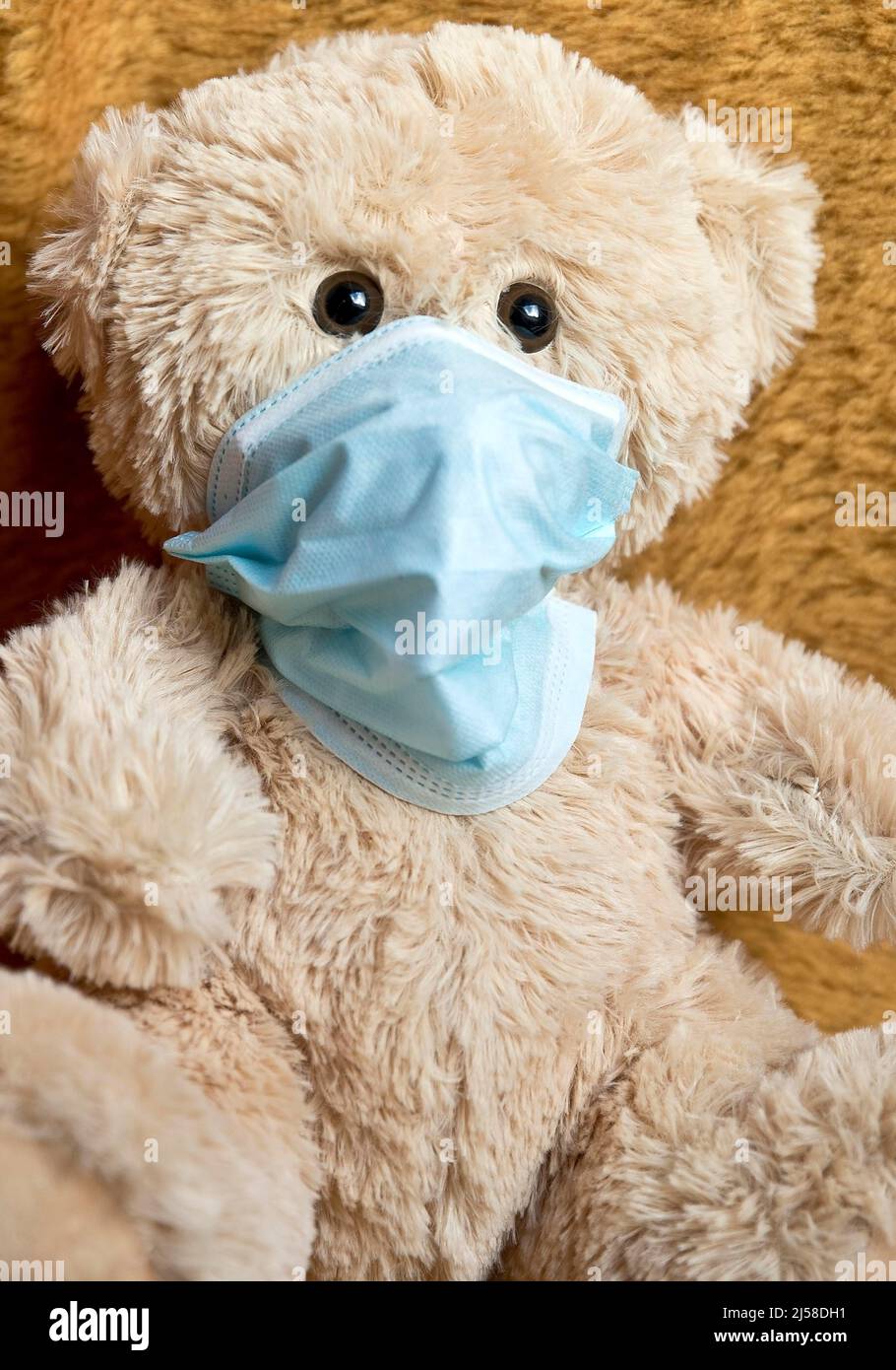 Teddy mit medizinischer Maske, Symbolfoto fuer kindliches Erleben von Corona, Witten, Nordrhein ...