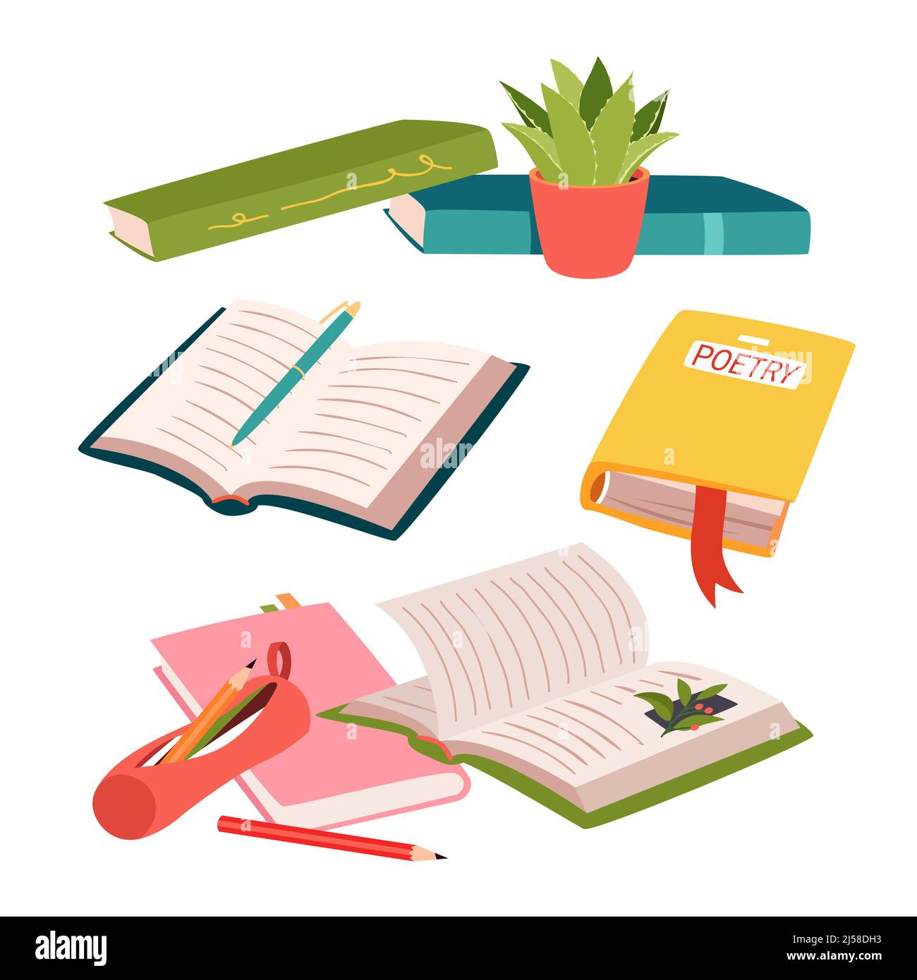 Open and closed books on bookshelf set, pile with storybook, textbook ...