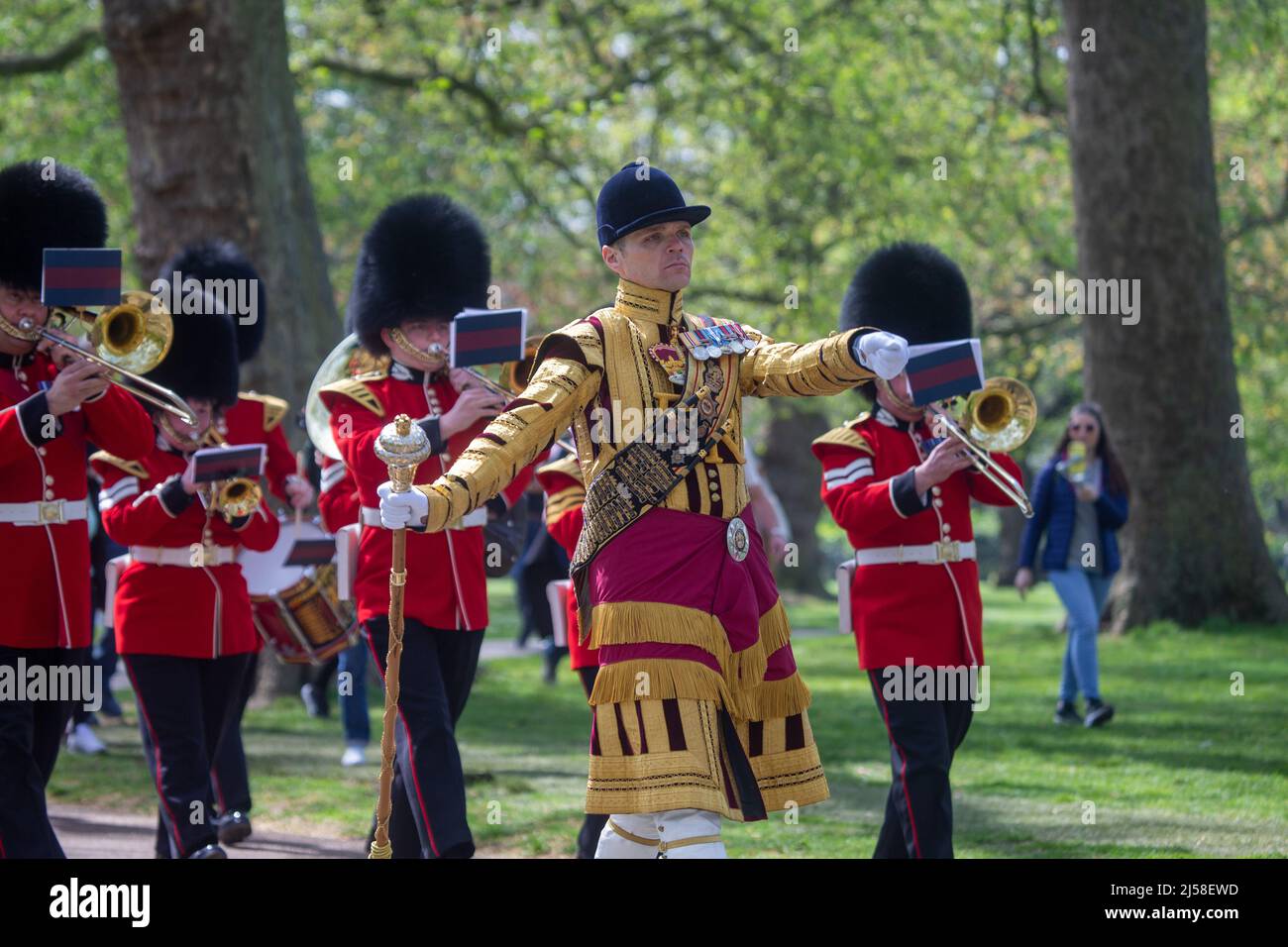London, England, UK. 21st Apr, 2022. The Band of the Scots Guards march ...