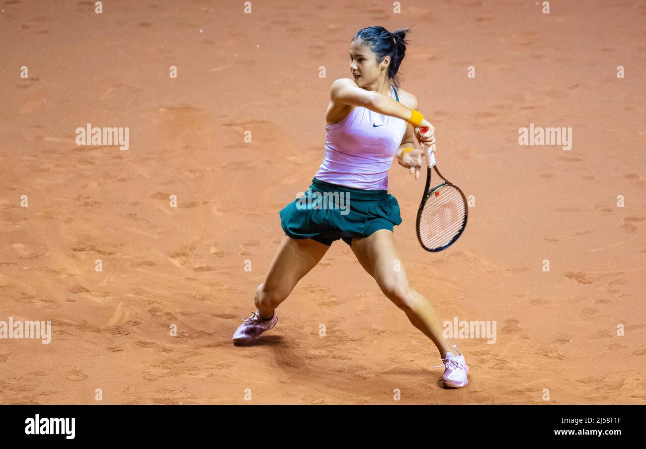 Stuttgart, Germany, 20/04/2022, Emma Raducanu of Great Britain in action against Storm Sanders ...
