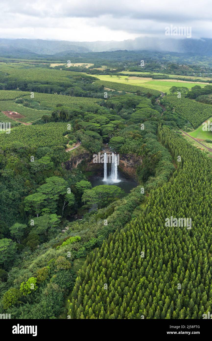 An aerial view of Wailua Falls in the Wailua River State Park on Kauai ...