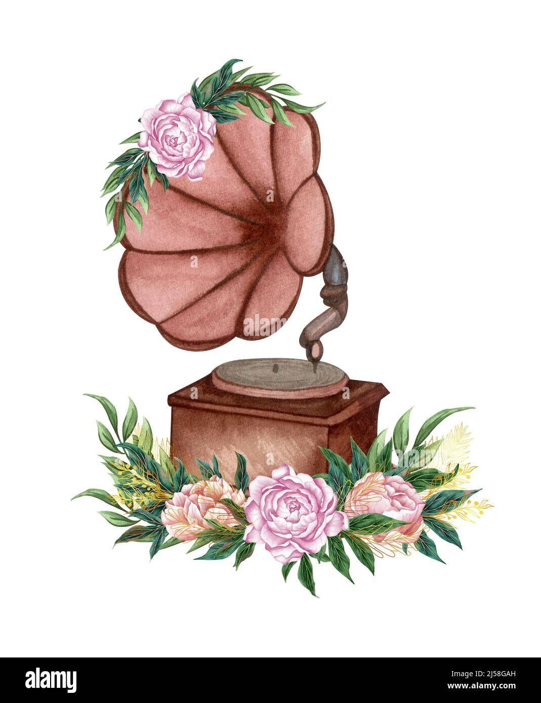 Vintage gramophone with peony flowers and leaves on a white background ...