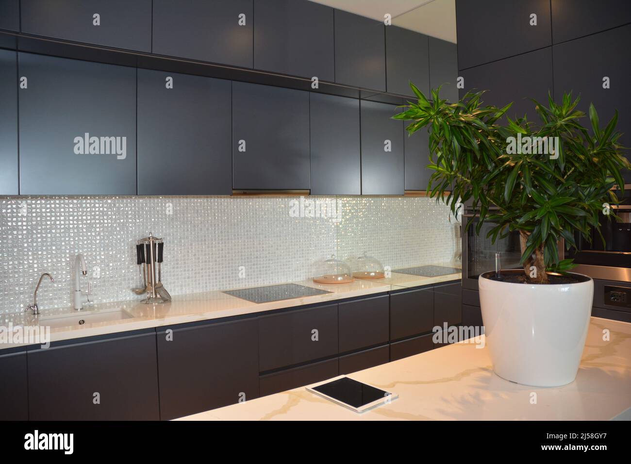 Modern kitchen stove with metal faucet, kitchen table and metal kitchen ...