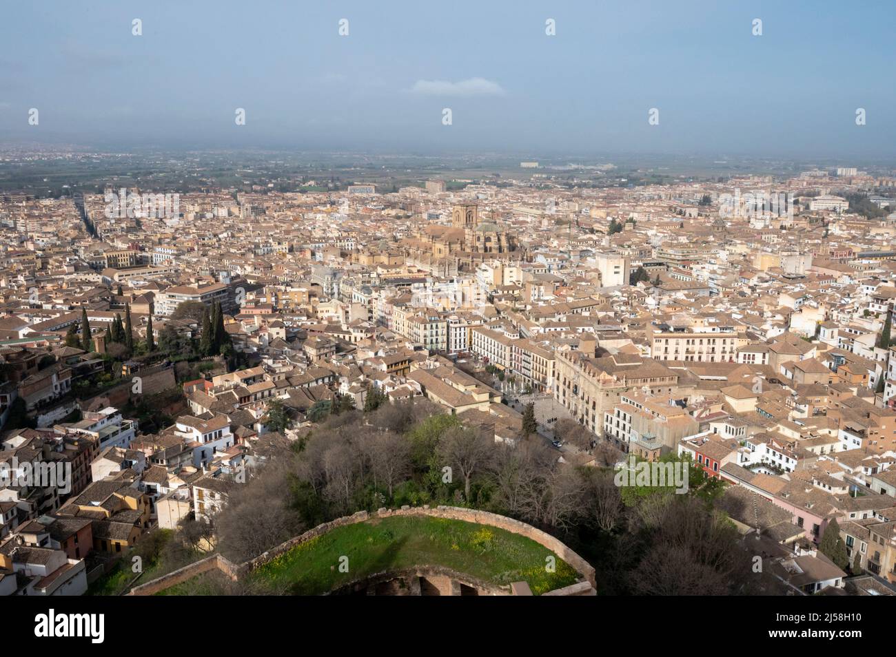 Aerial panoramic view on buildings, old district, mountains and palace ...