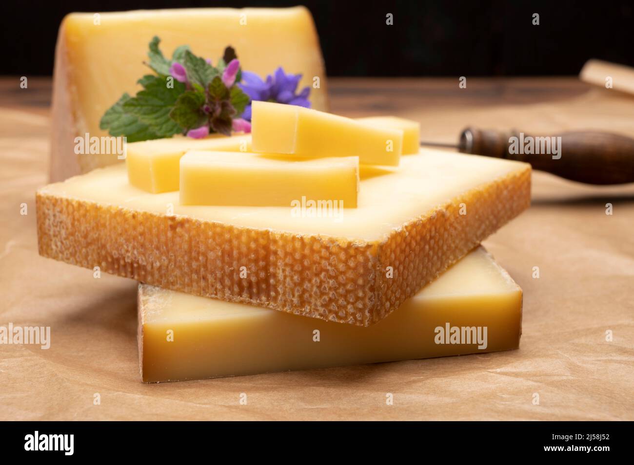 Swiss cheese collection, gruyere cheese made from unpasteurized cow's ...