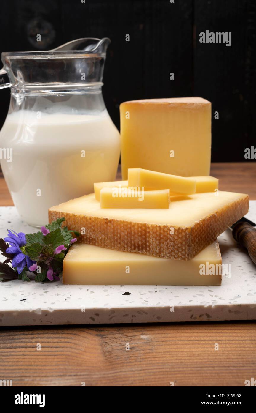Swiss cheese collection, gruyere cheese made from unpasteurized cow's ...
