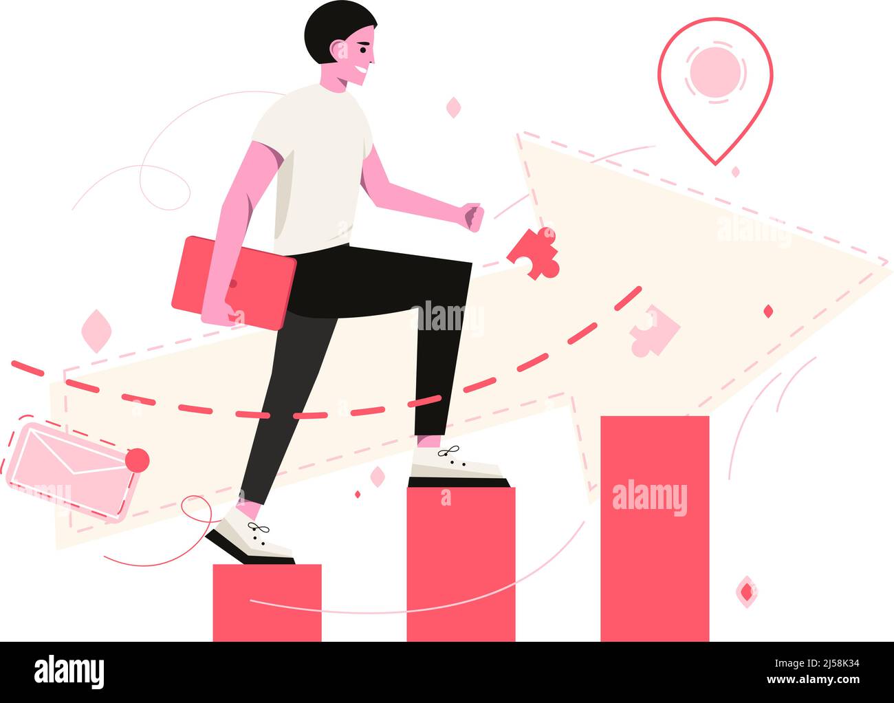 Conceptual template with young man walking towards target or ascending ...