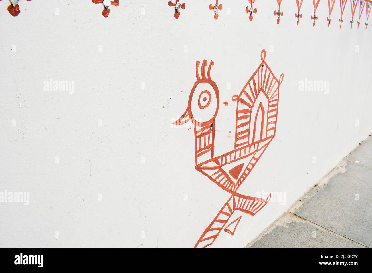 Red or Maroon Line art traditionalTribal painting drawing on white wall ...