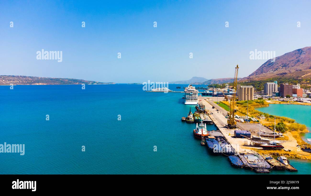 Aerial view of the beautiful city of Chania with it's old harbor and ...