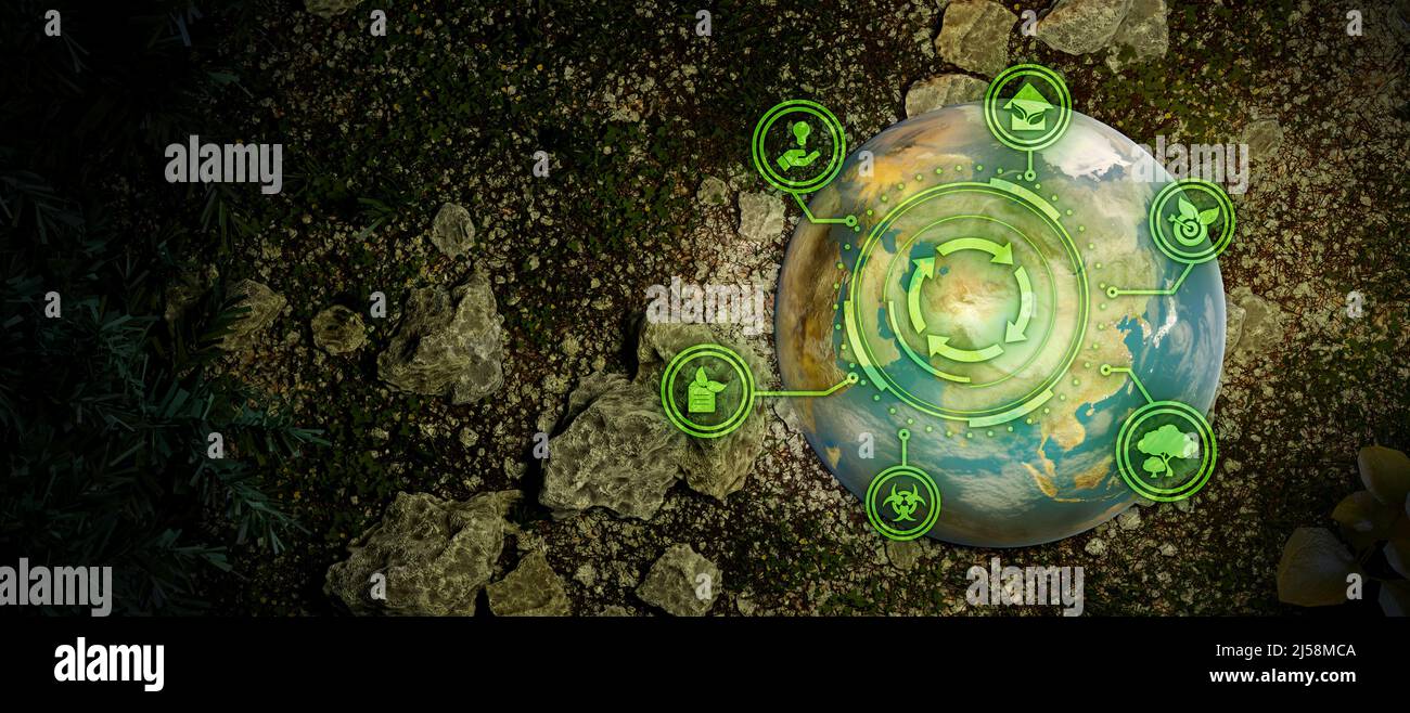 Globe with network connection and ESG icons. Environment social and ...