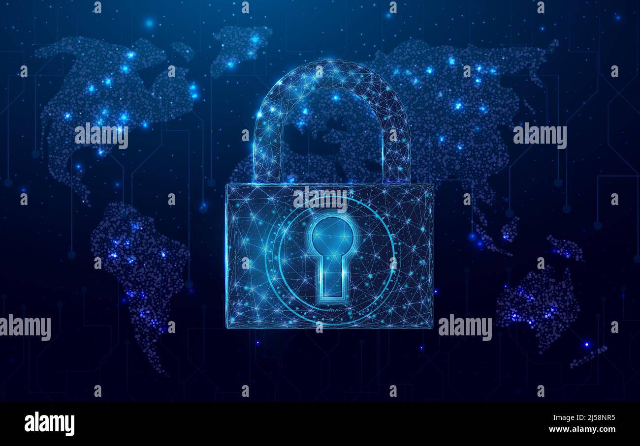 Wireframe polygonal shield with globe map. Cyber security, world ...