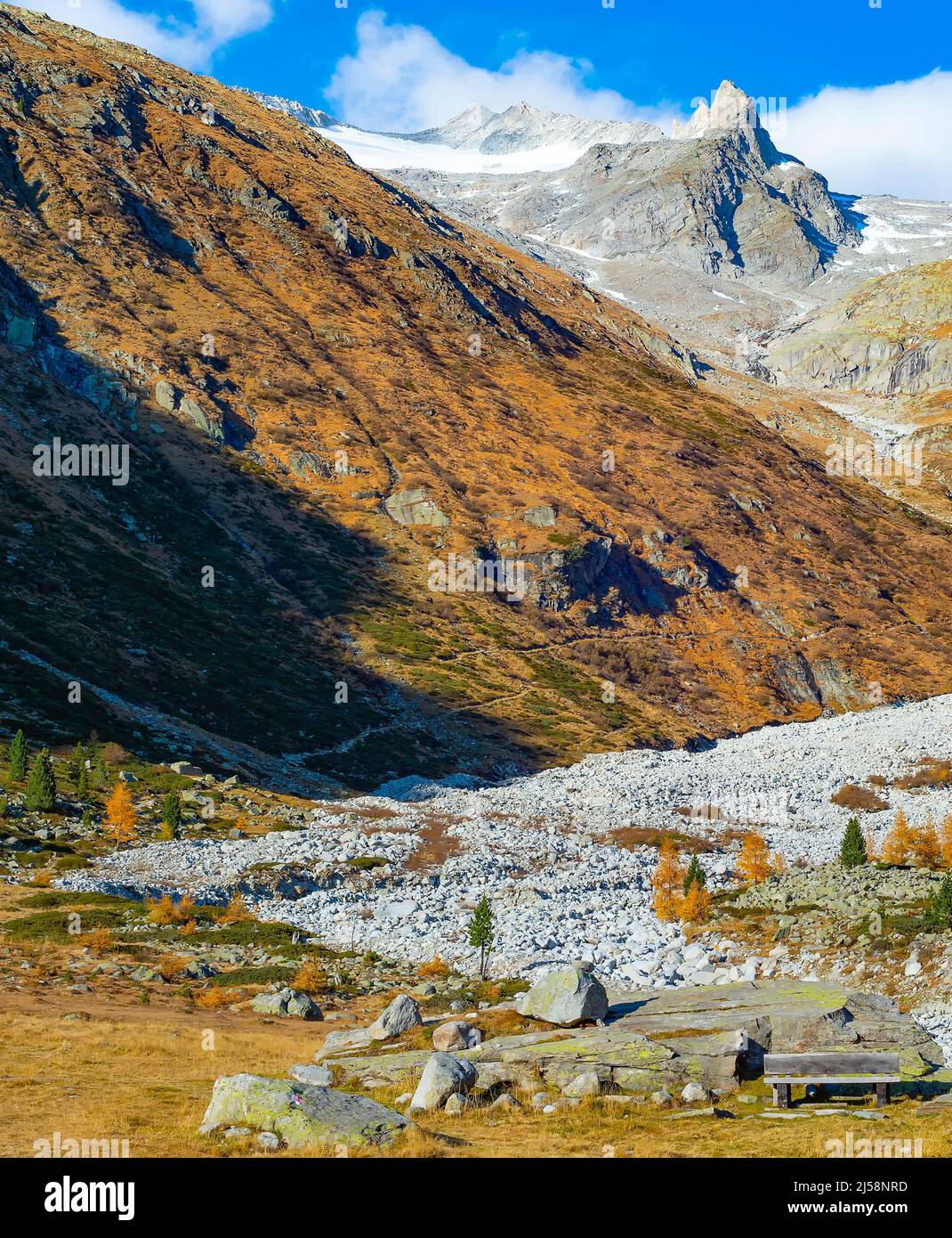 Mountain landscape with snowy peak in sunshine, Alps, Italy Stock Photo ...