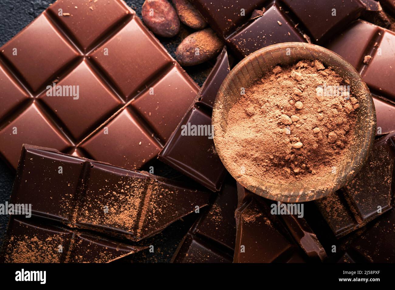 Chocolate and cocoa powder. Composition of cocoa powder, grated and ...