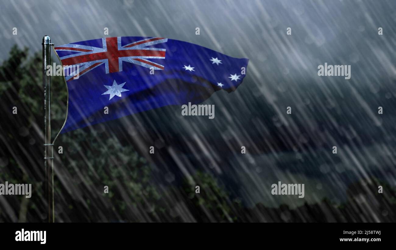 flag of Australia with rain and dark clouds, tempest forecast symbol ...