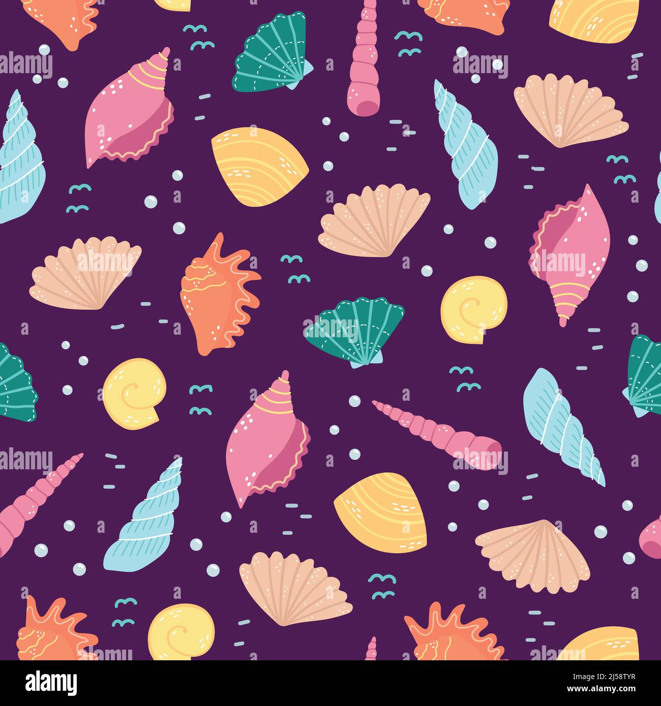 Vector seamless pattern with seashells in cartoon style Stock Vector ...