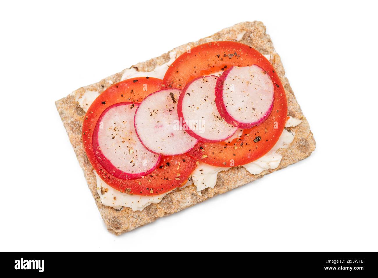 Whole Grain Crispbread with Tomato, Cream Cheese and Radish - Isolated ...