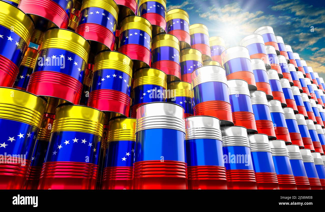 Oil barrels with flags of Russia and Venezuela - 3D illustration Stock ...