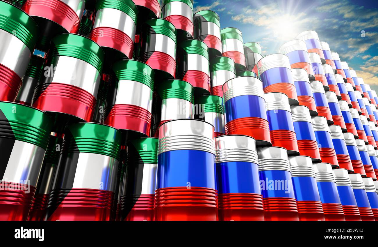 Oil barrels with flags of Russia and Kuwait - 3D illustration Stock ...