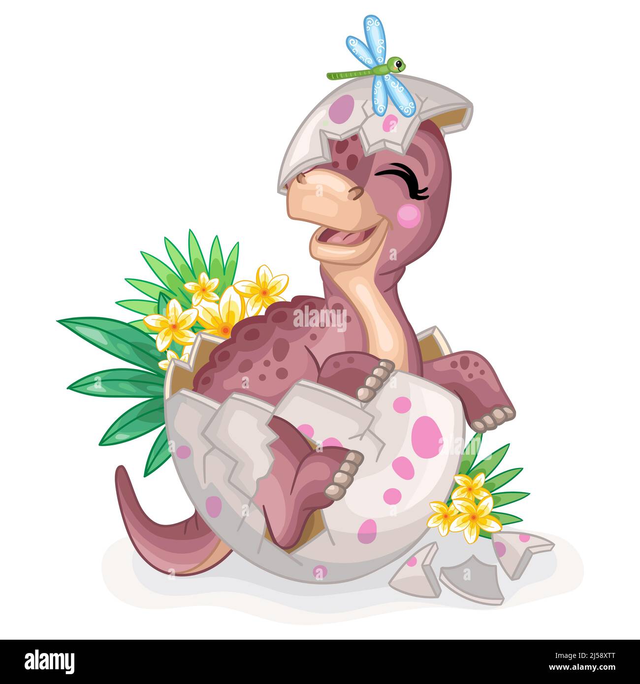 Happy baby dinosaur brontosaurus sitting in egg on nature. Cute cartoon ...