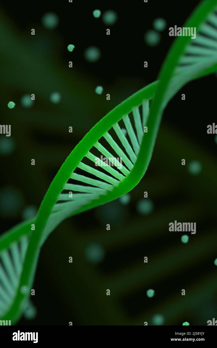 DNA chain macroshot. Highly detailed render. Green color. Scientific ...