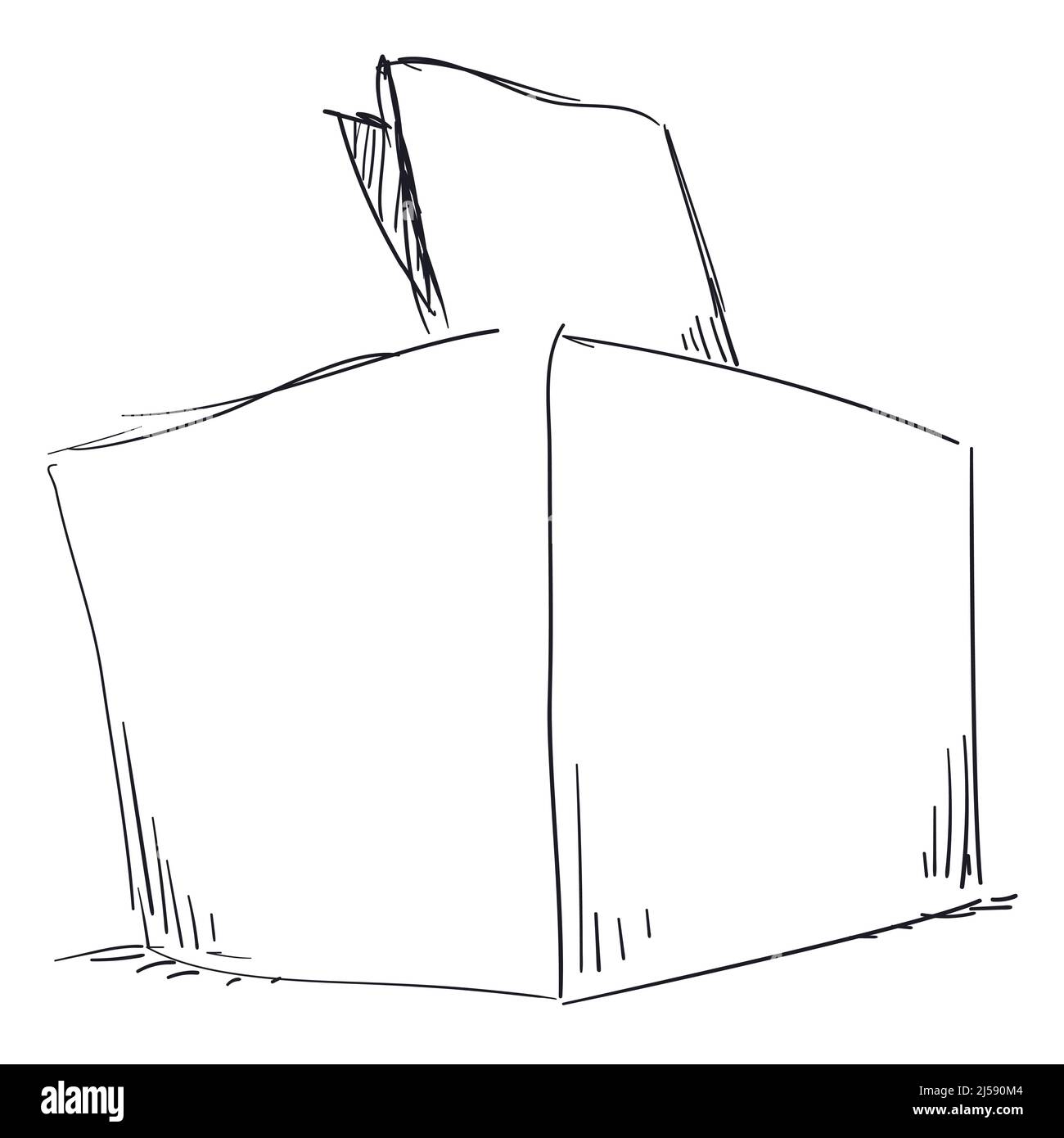 Drawing of ballot box with paper like vote in the top side over white ...