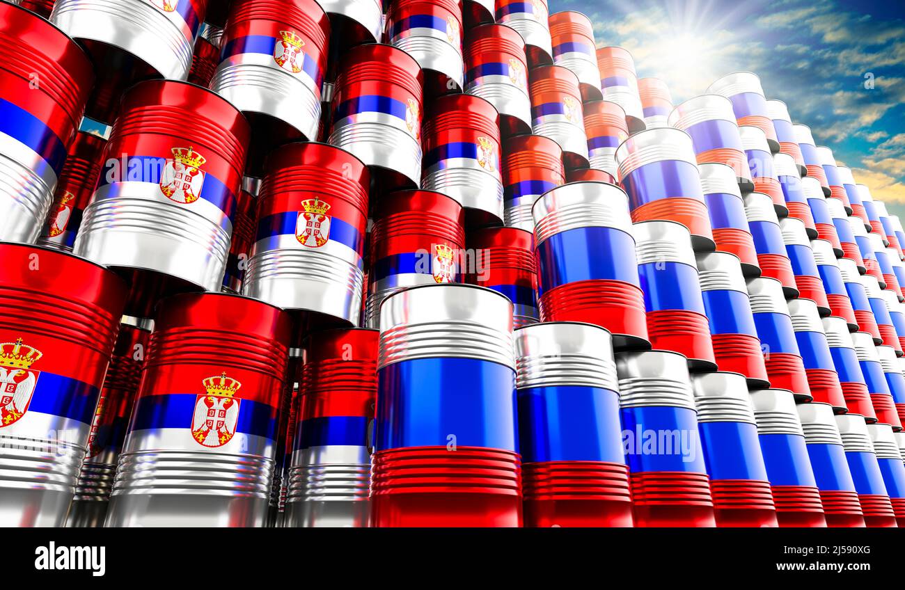 Oil barrels with flags of Russia and Serbia - 3D illustration Stock ...