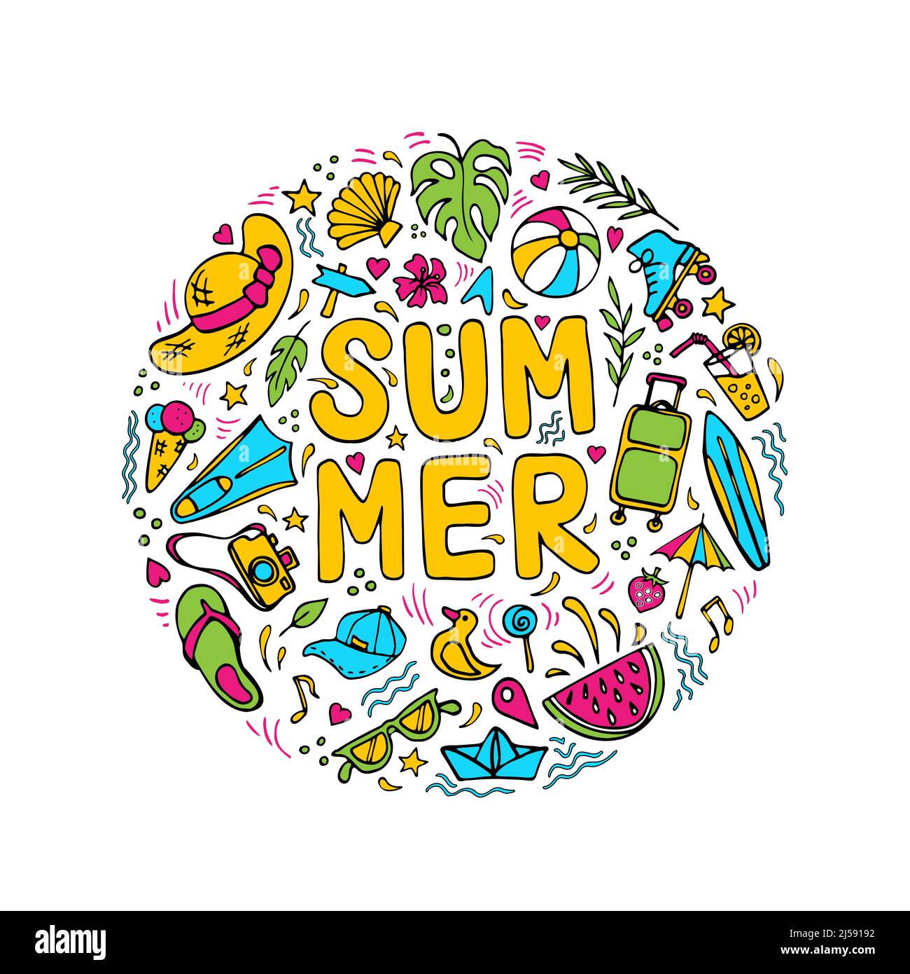 Summer symbols doodle clipart. Round composition on vacation theme with ...