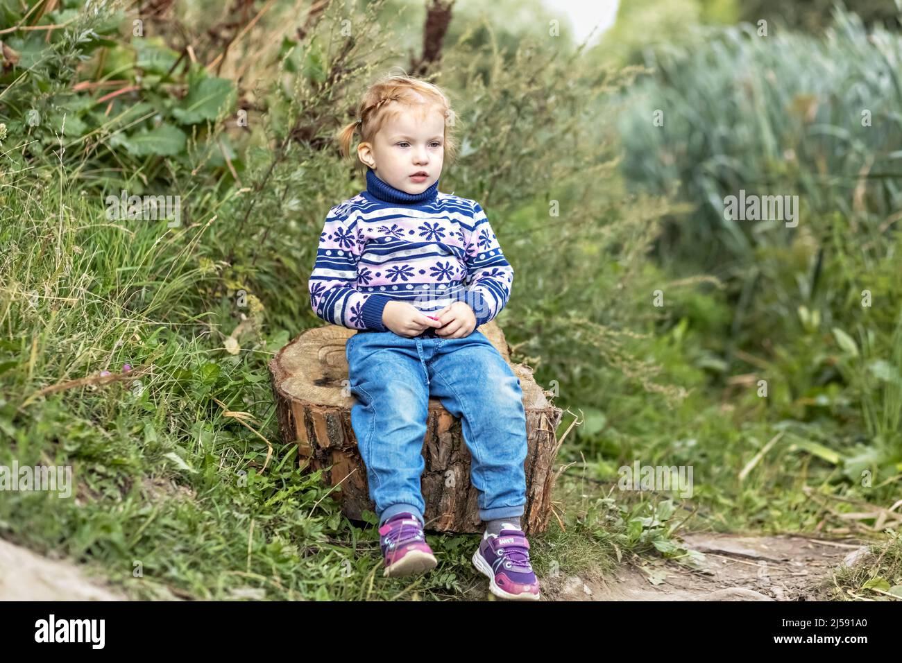 A little girl toddler is sitting on a stump in a spring park. Walk ...