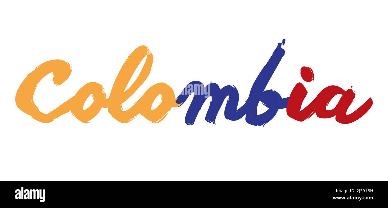 Colorful text for Colombia country in yellow, blue and red in brush ...