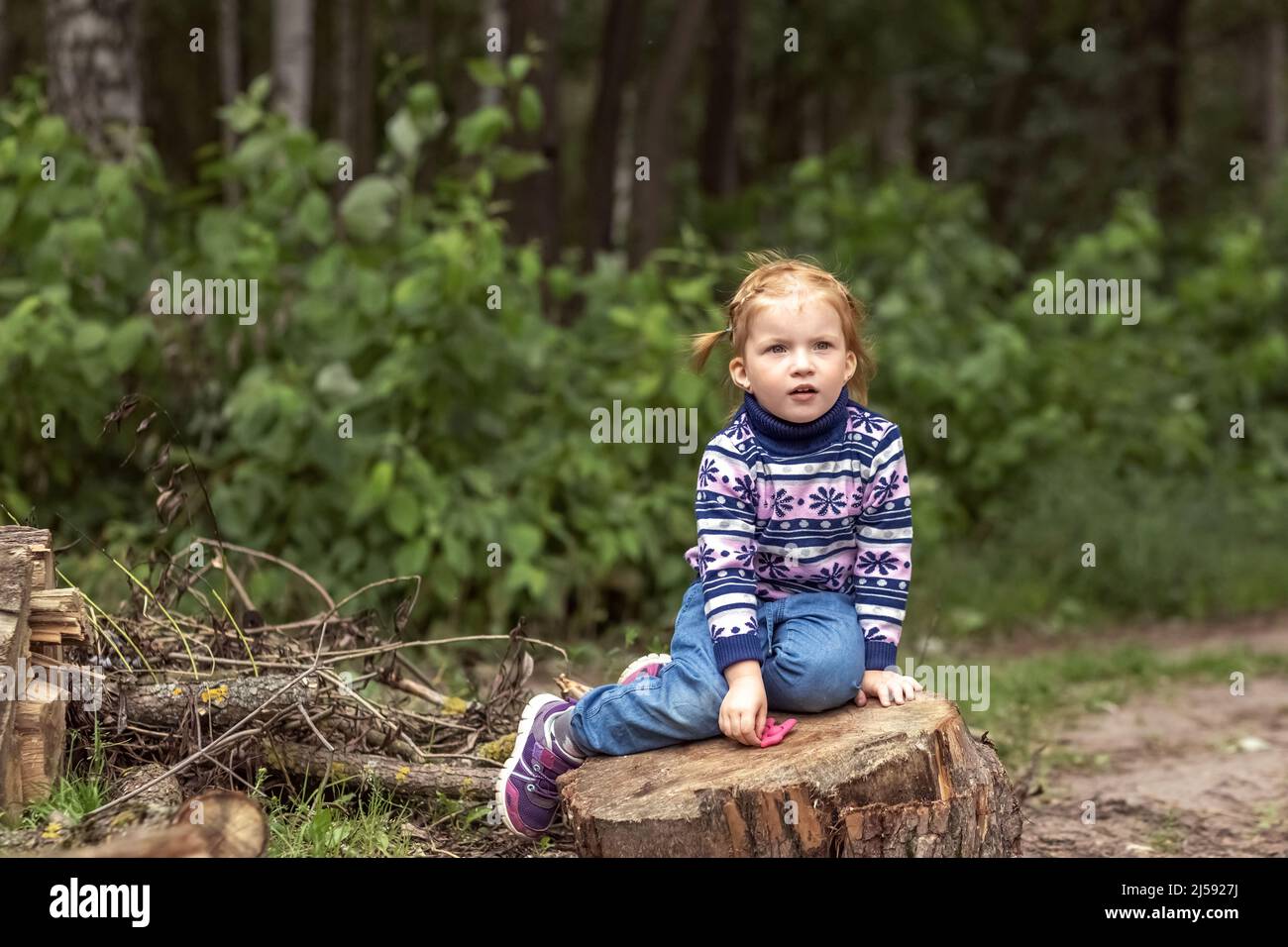 A little girl toddler is sitting on a stump in a spring park. Walk ...