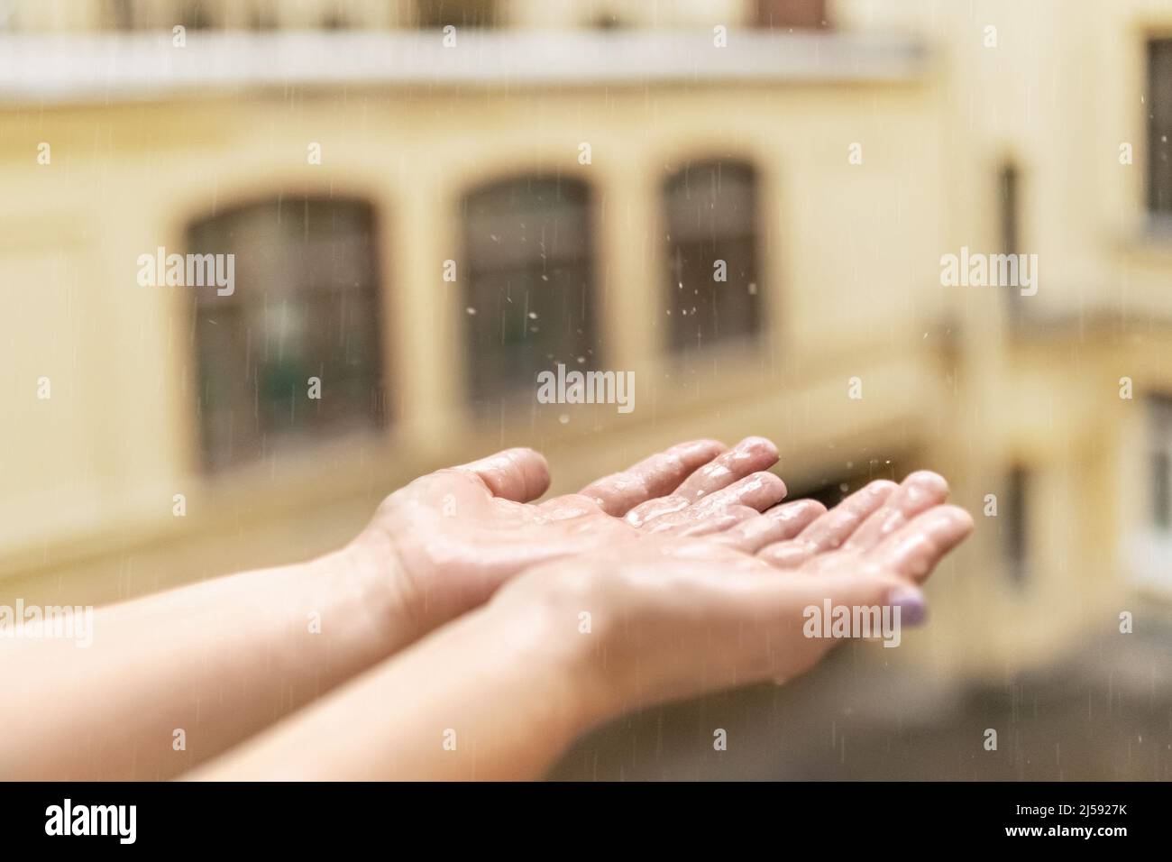 Women's hands in the rain, raindrops fall into their hands, catch Stock ...