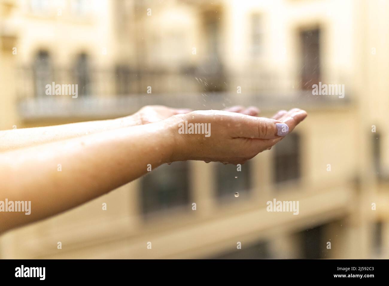 Women's hands in the rain, raindrops fall into their hands, catch Stock ...