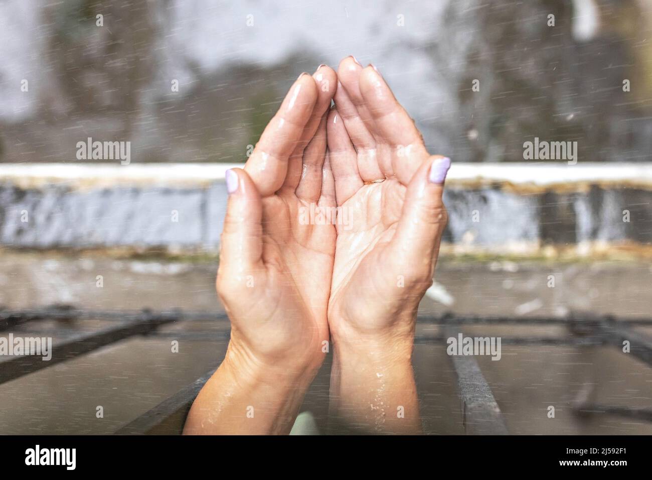 Women's hands in the rain, raindrops fall into their hands, catch Stock ...
