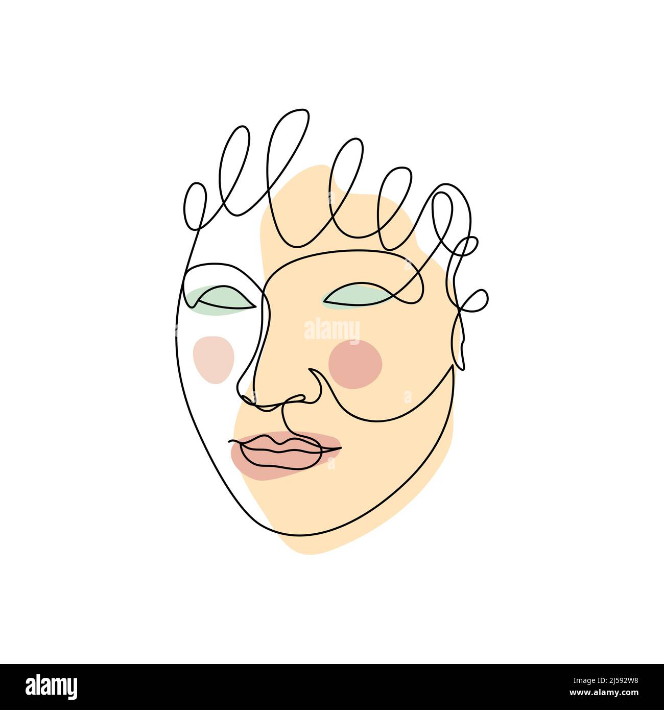 Female face single line drawing and pastel abstract shapes composition ...