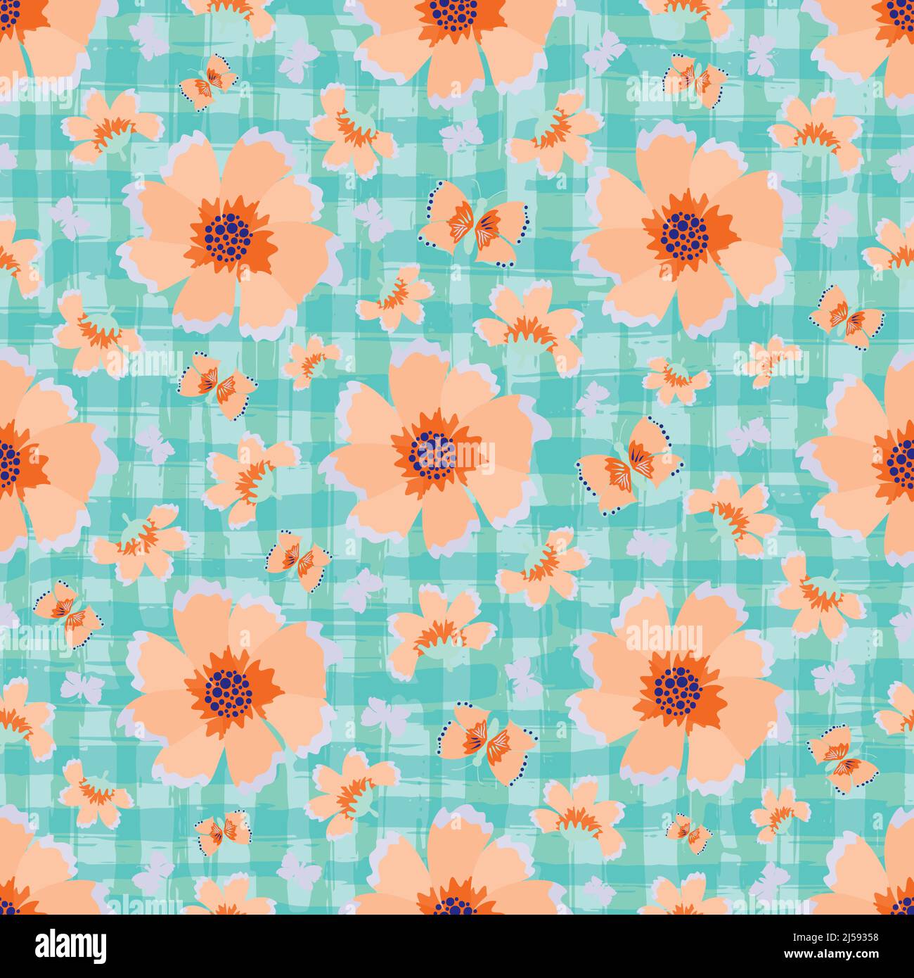 Seamless cottage garden flower and butterfly vector pattern in canvas ...