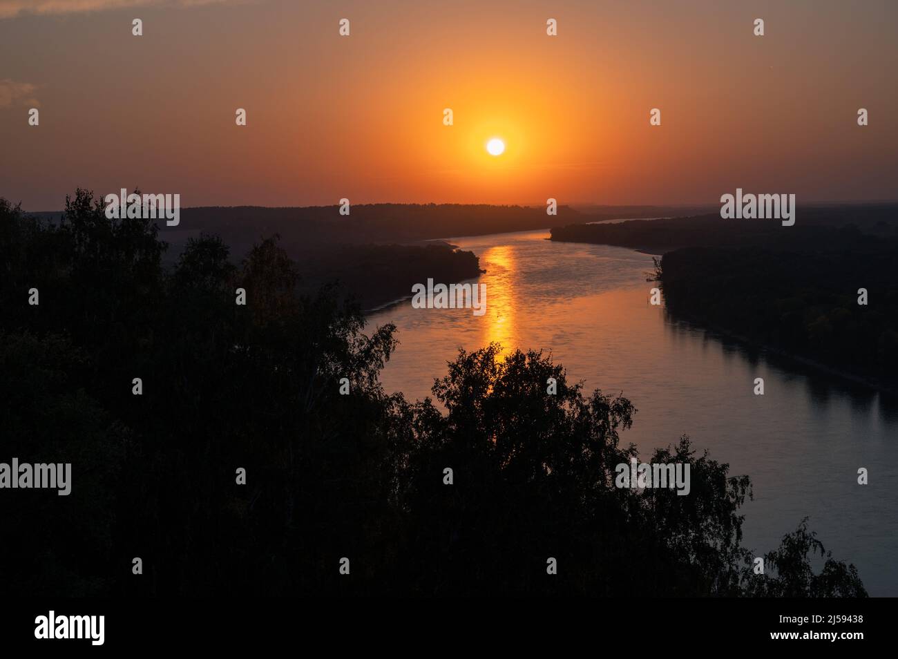 View of river landscape in sunny summer sunset. Top view of siberian Ob ...