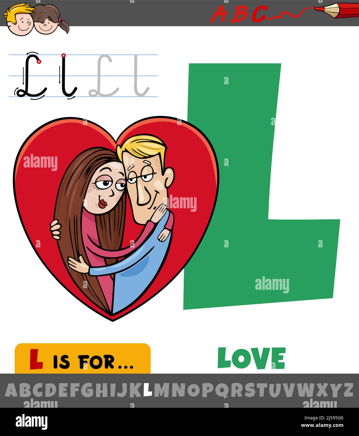 Educational cartoon illustration of letter L from alphabet with love ...