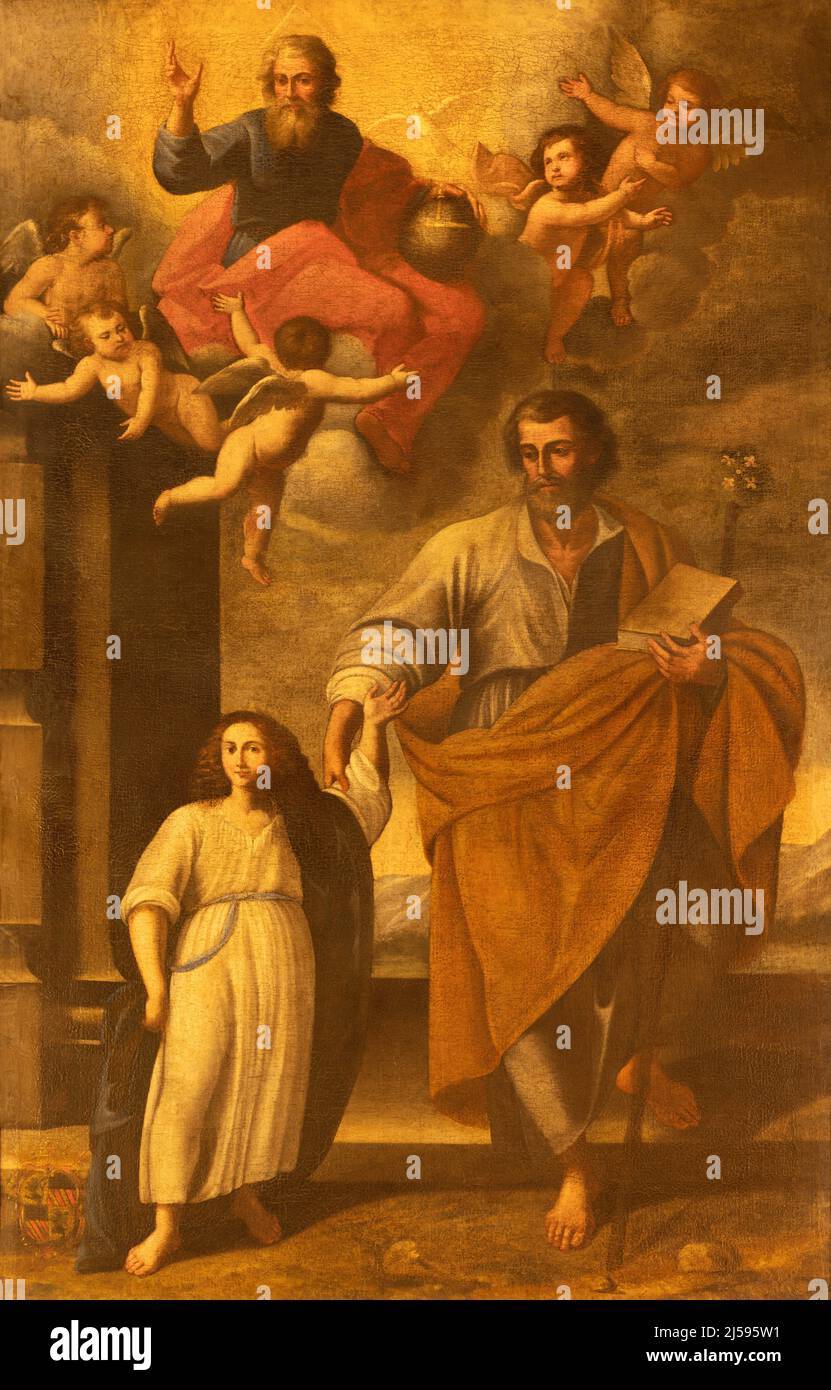 BARI, ITALY - MARCH 3, 2022: The painting of St. Joseph wiht the young ...