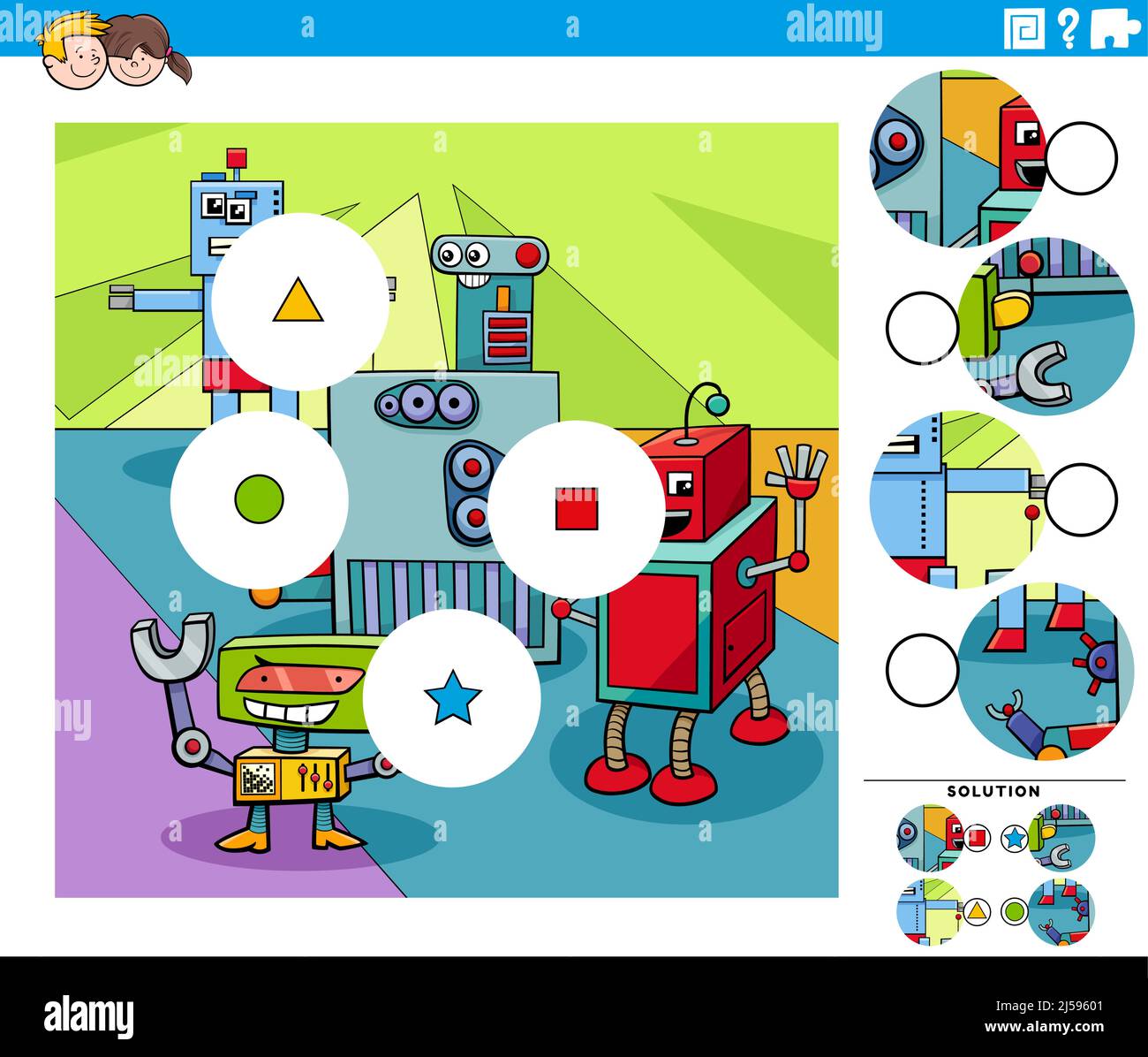 Cartoon illustration of educational match the pieces jigsaw puzzle game ...