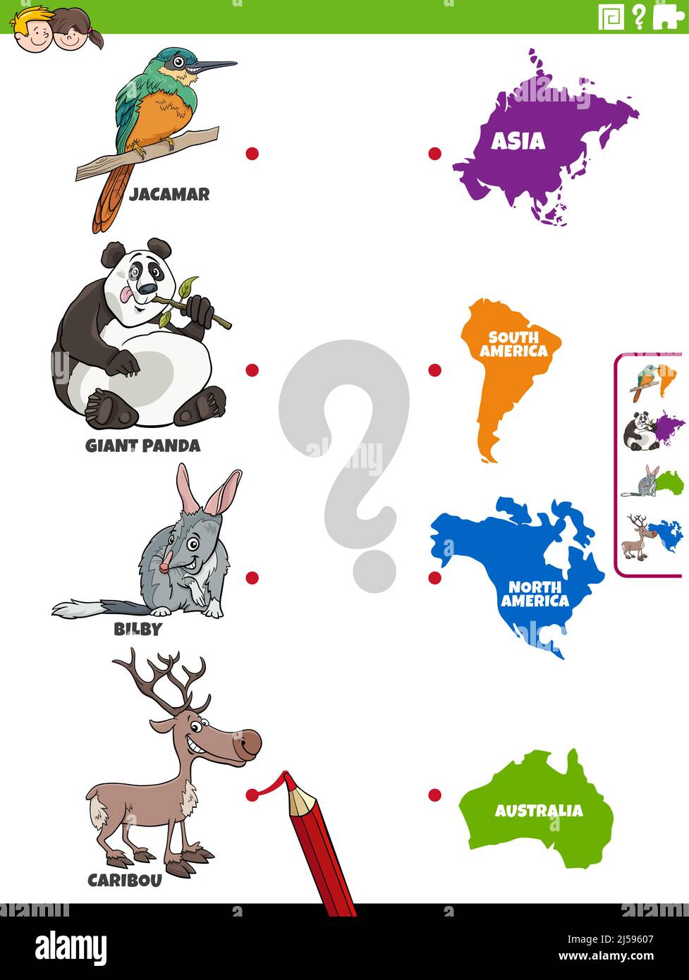 Cartoon illustration of educational matching task with animal species ...