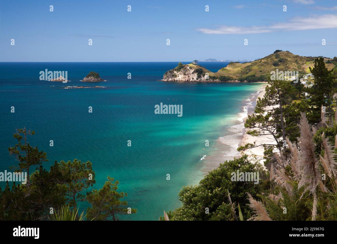 View of Hahei beach and the Coromandel Peninsula on the North island of ...