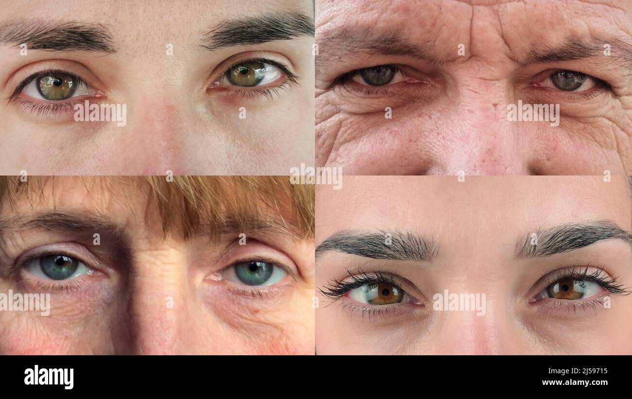 Different ages. Collage of close up eyes of man and woman. Concept of ...