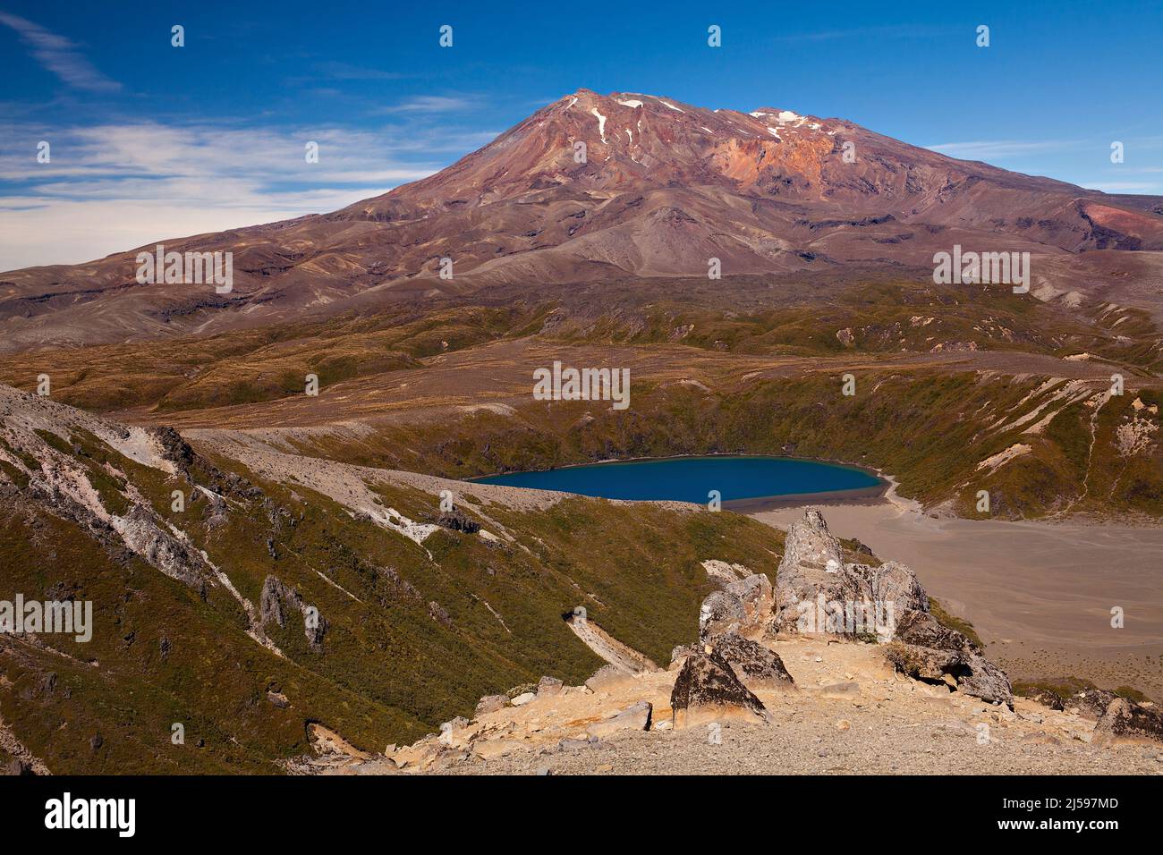 Mt. Ruapehu and one of the Tama lakes in Tongariro National Park on the ...