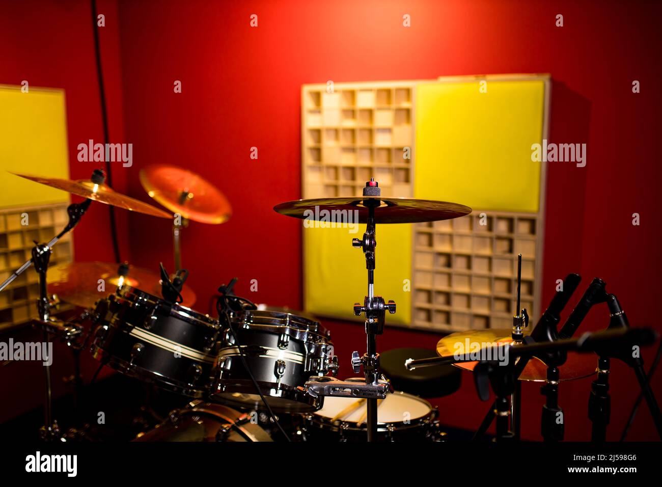 red drums studio close-up in recording studio Stock Photo - Alamy