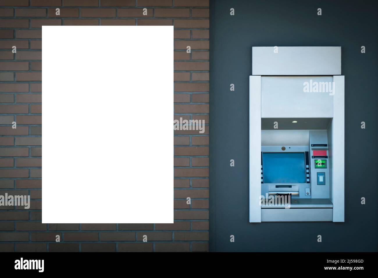 Mock up template. Vertical blank signboard, empty white placard near banking ATM, automated ...