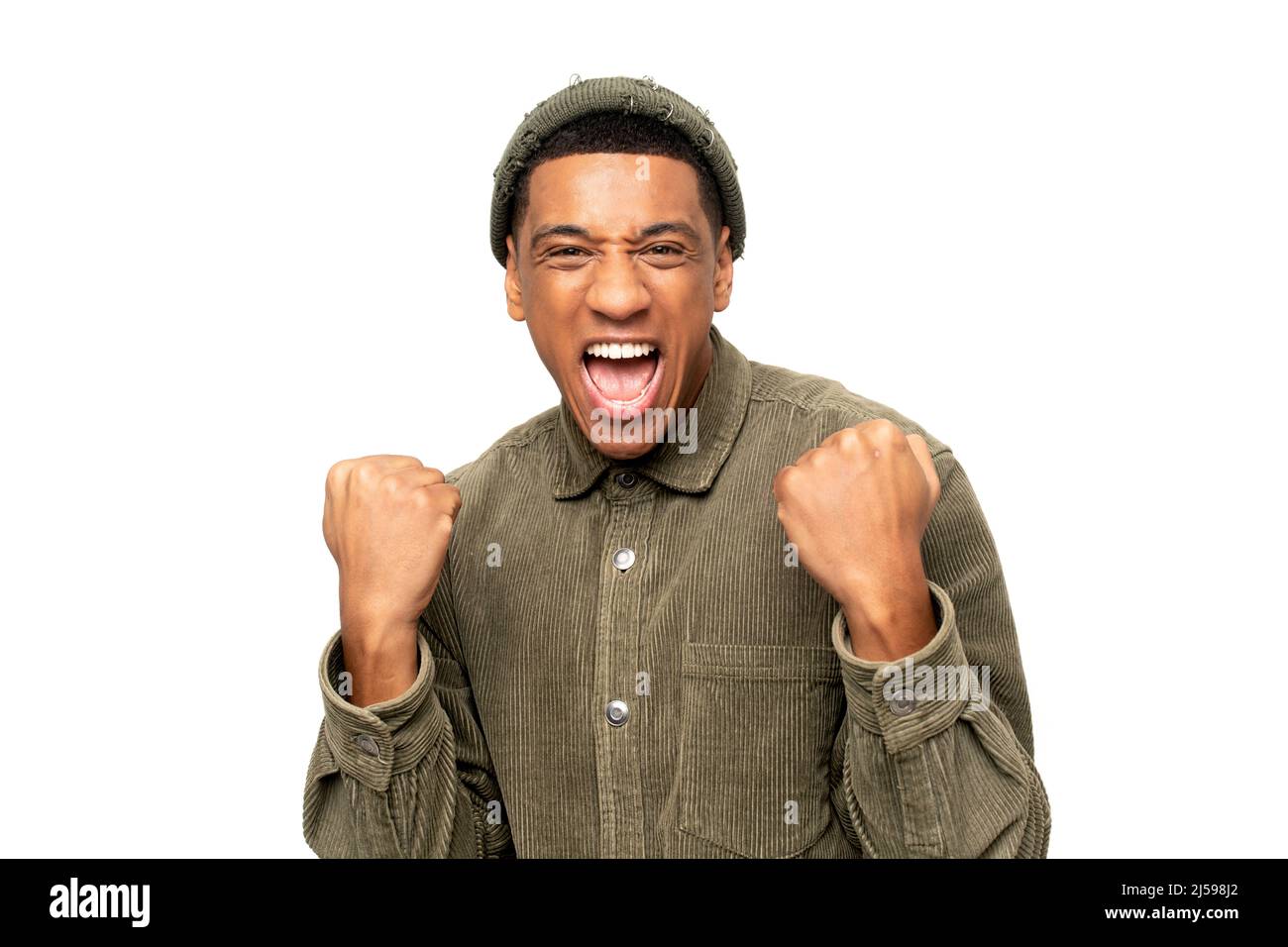 Excited overjoyed man shouting making yes gesture, amazed with his ...